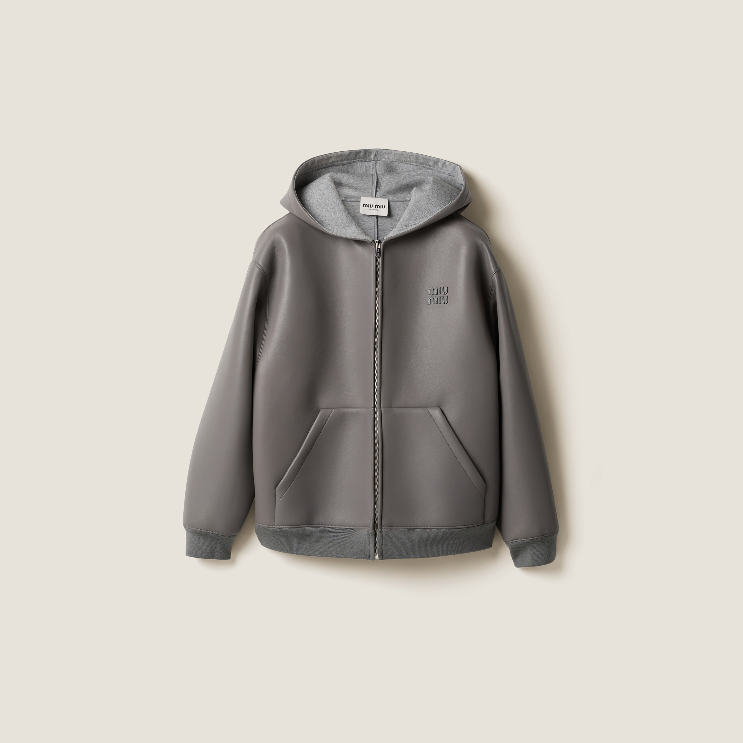 Miu Miu Nappa Leather And Bonded Jersey Hoodie Jacket - Marble